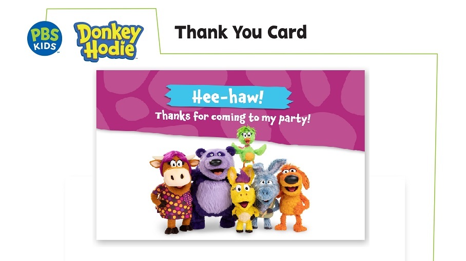 Donkey Hodie Birthday Party Thank You Card |… | PBS KIDS for Parents