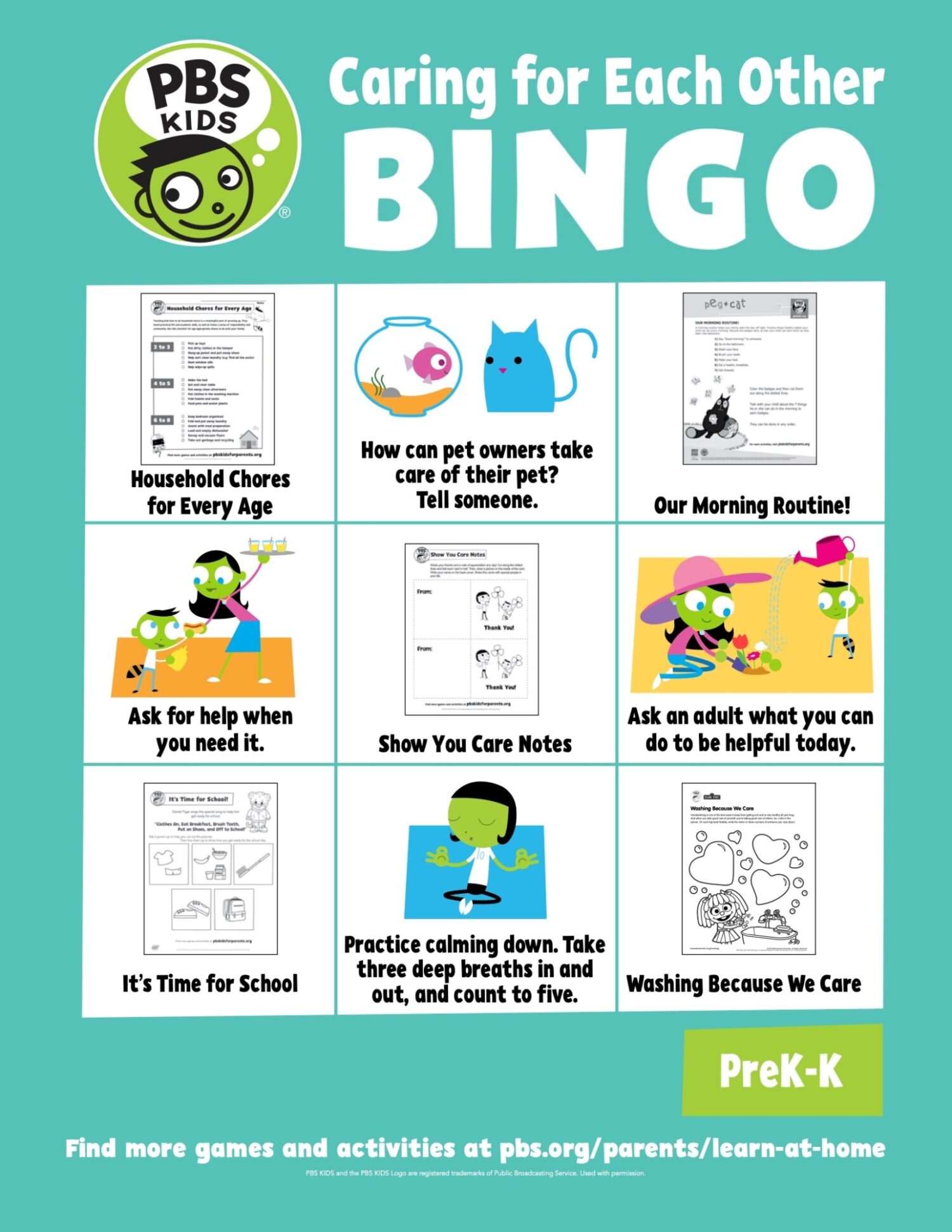 Learn Along Bingo for Ages 2-5: Caring for… | PBS KIDS for Parents