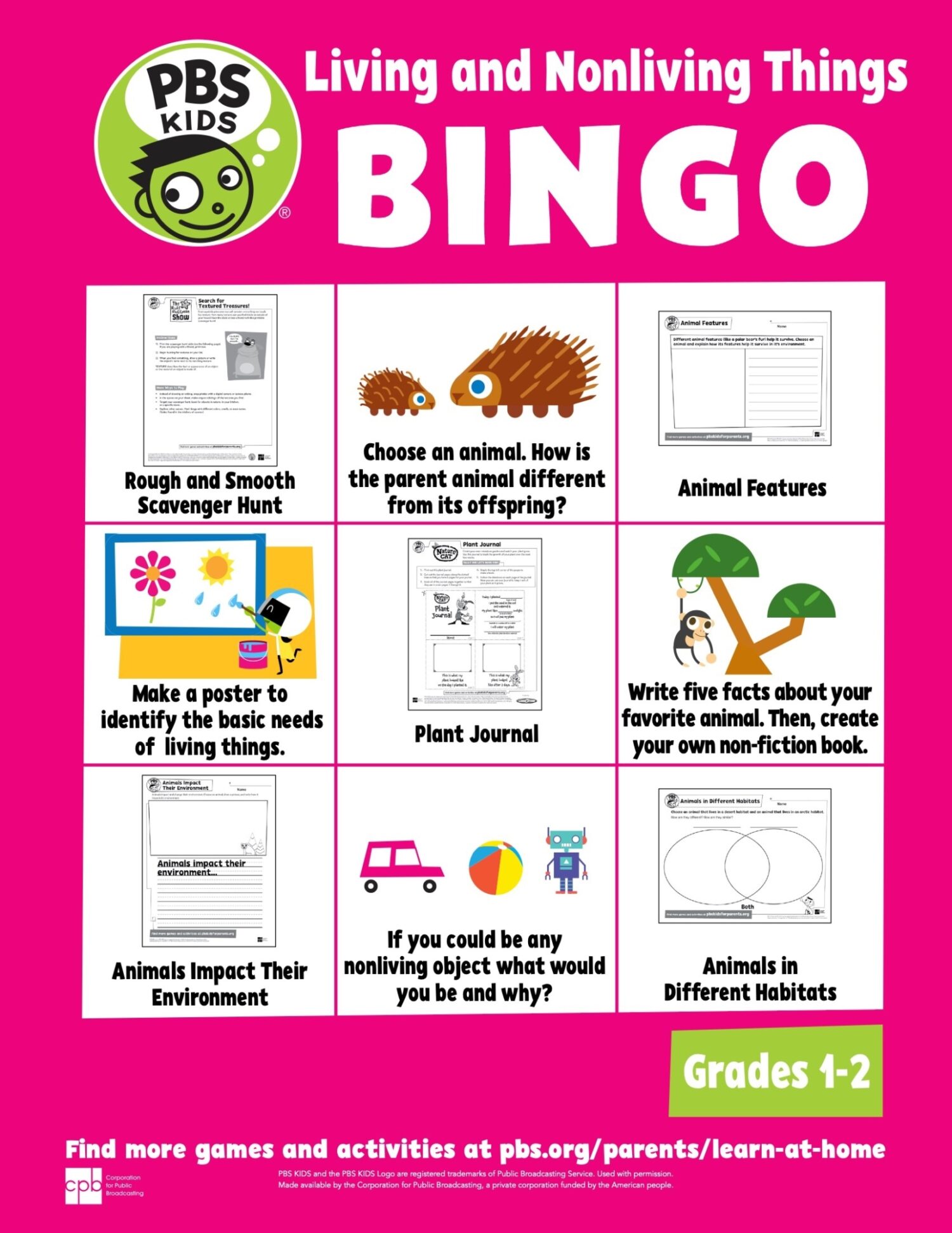Learn Along Bingo for Ages 6-8: Living and… | PBS KIDS for Parents