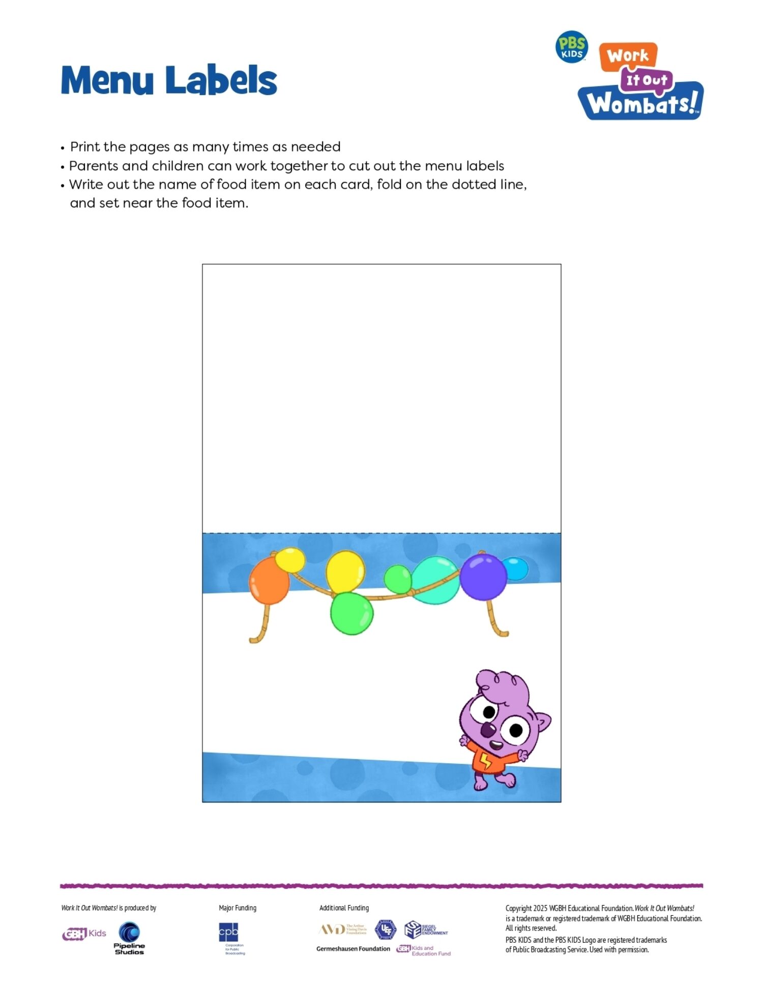 Work It Out Wombats! Menu Labels | Kids… | PBS KIDS for Parents